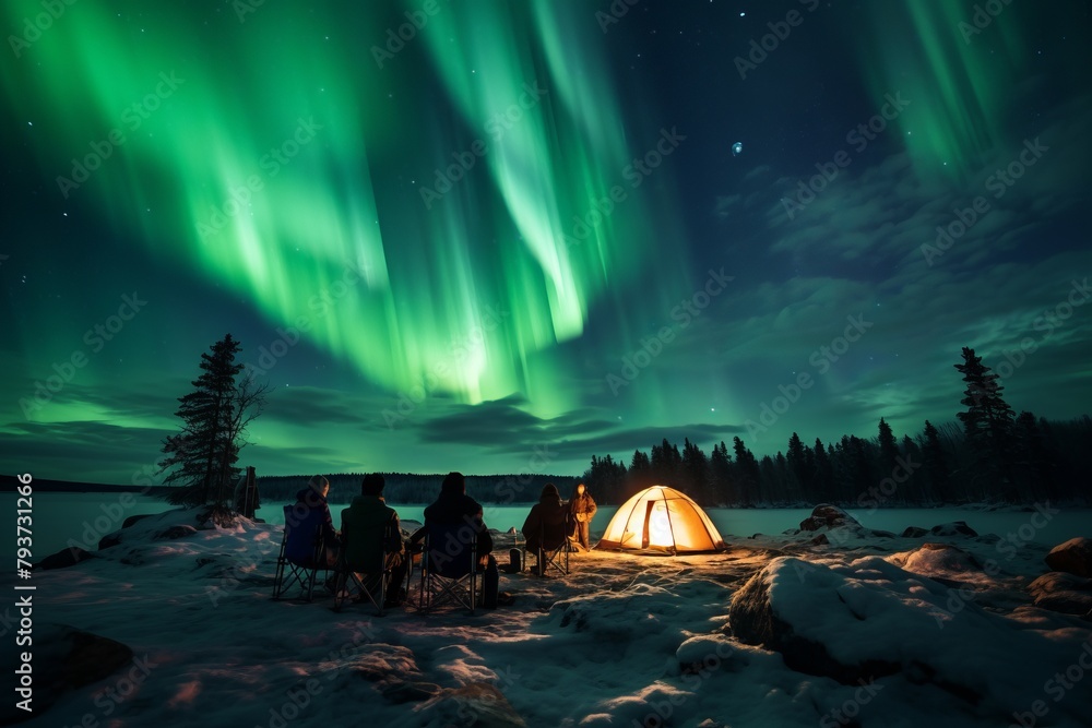 A group of friends camping under the northern lights, their faces ...