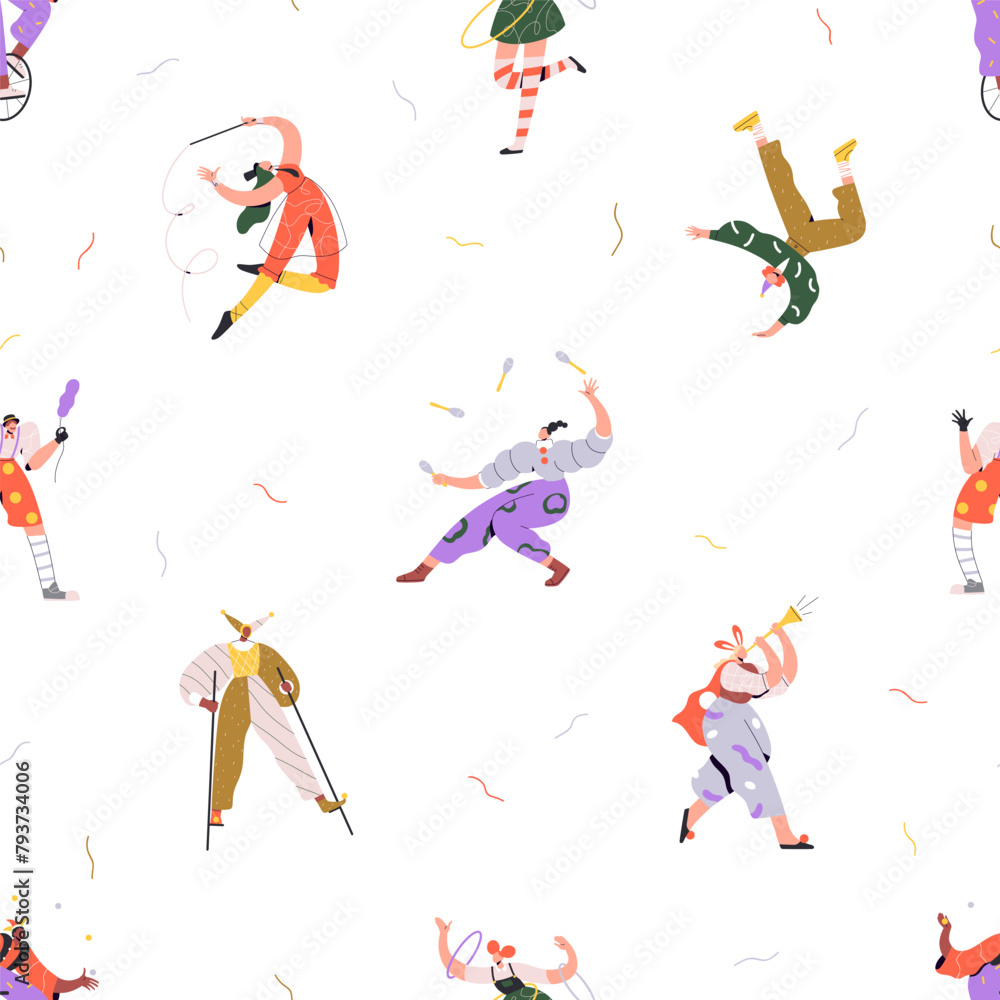 Circus, carnival and festival artists, seamless pattern design. Festive ...