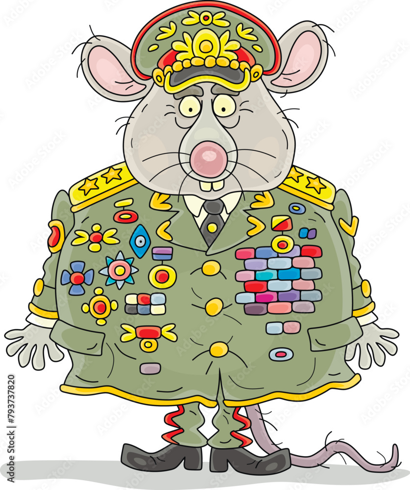 Old fat rat general in green army uniform hung with orders and medals ...