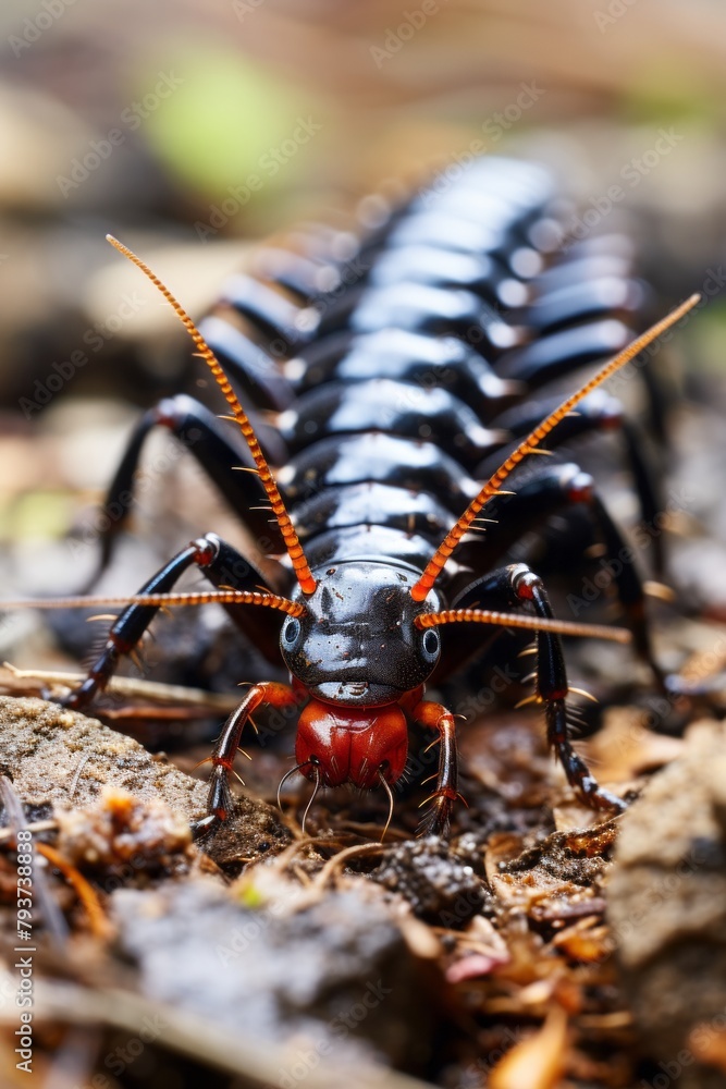 A close-up view of a bug crawling on the ground next to a cluster of ...