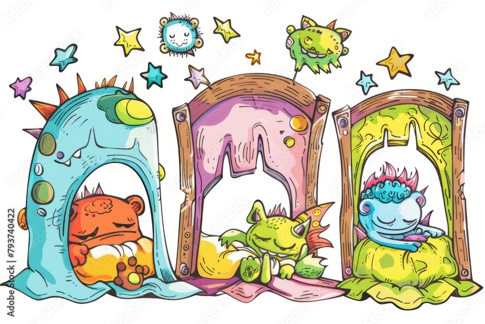 Cartoon cute doodles of baby monsters taking a nap in their cozy ...