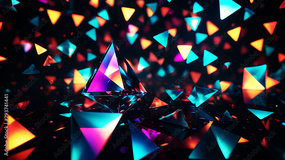Create an abstract background where triangular prisms float in a ...