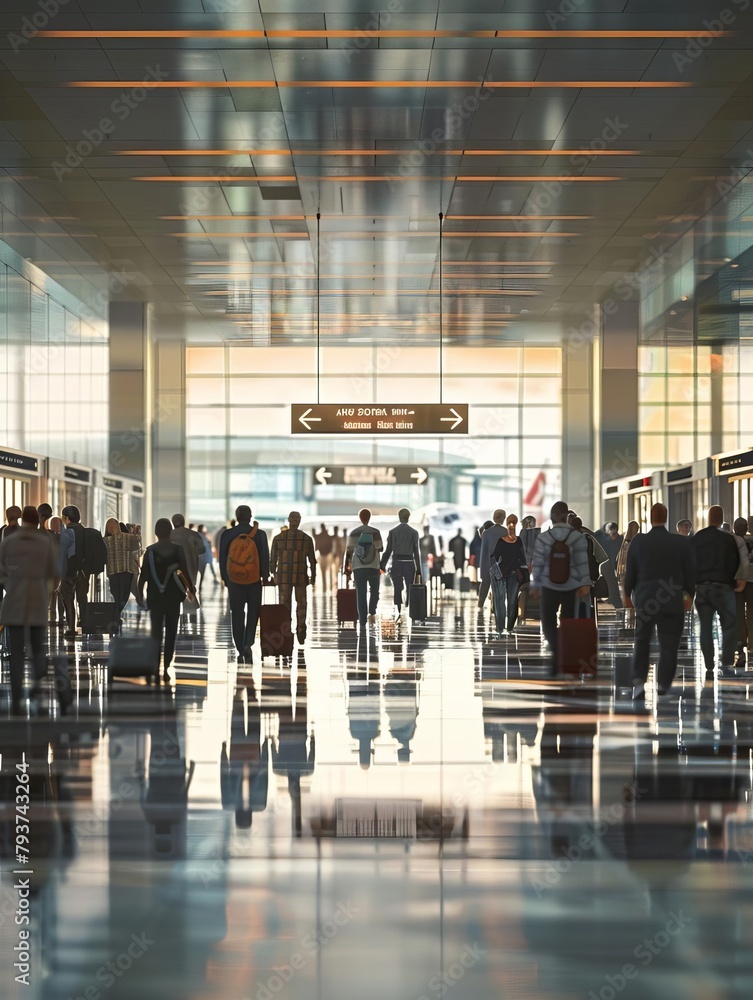 Foto de Wide view of a bustling airport terminal with a prominent exit ...
