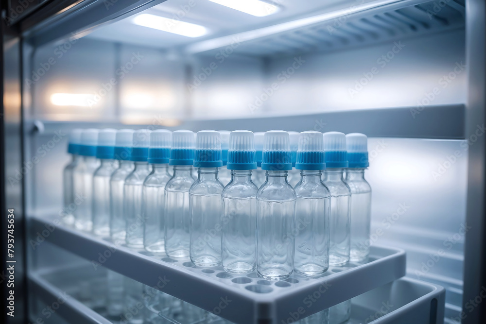 Sealed vaccines vials kept in low temperature cold storage fridge for ...