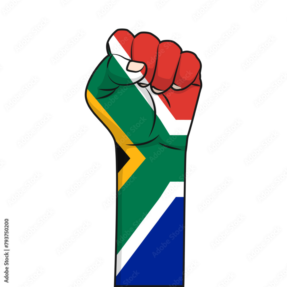 Vector illustration of fist hand with South Africa flag color on ...