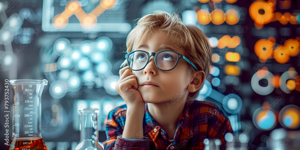 Thoughtful Young schoolboy with glasses in Science Lab classroom ...