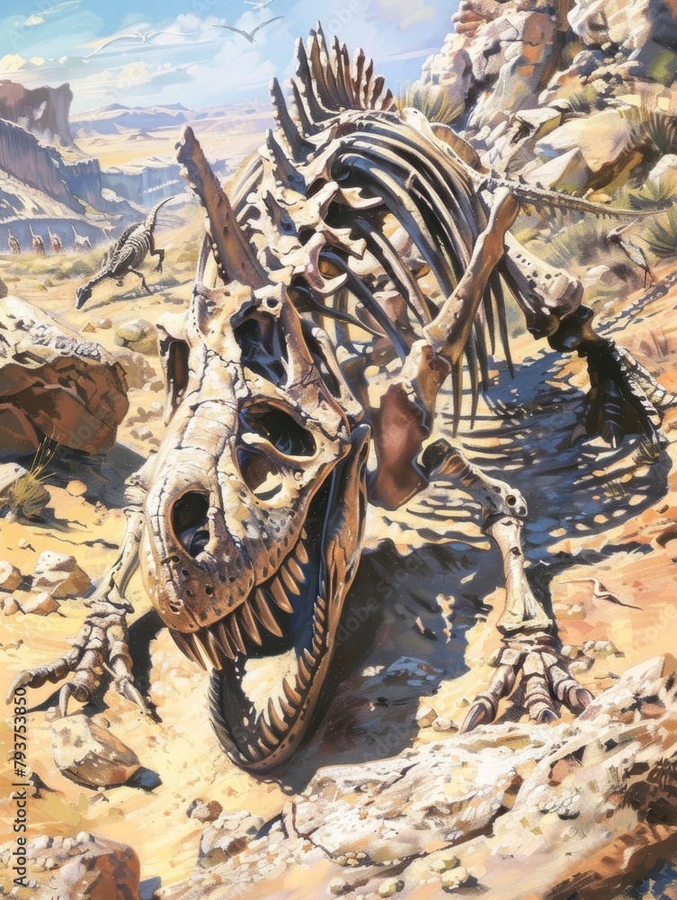 An evocative illustration portraying a behemoth dinosaur skeleton in a ...