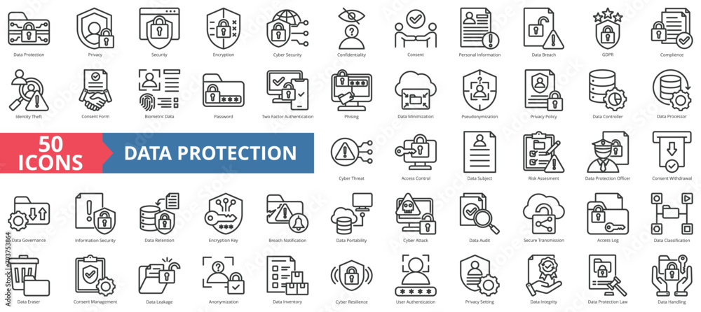 Data protection icon collection set. Containing privacy, security, encryption, cyber ...