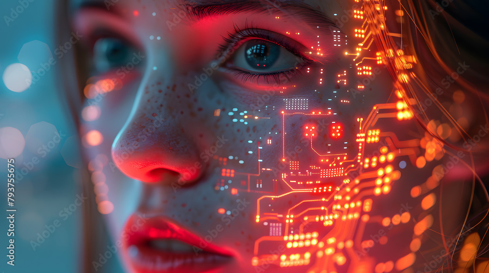 Portrait of a Woman with a Beautiful Face. Close-up Digital Interface ...