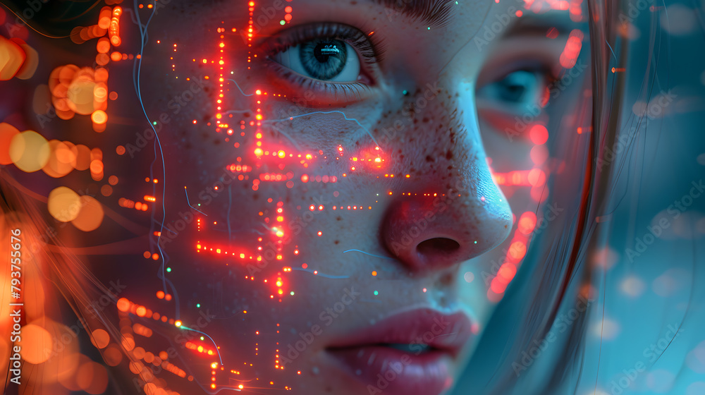 Portrait of a Woman with a Beautiful Face. Close-up Digital Interface ...