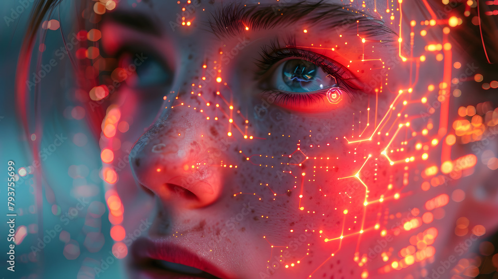 Portrait of a Woman with a Beautiful Face. Close-up Digital Interface ...