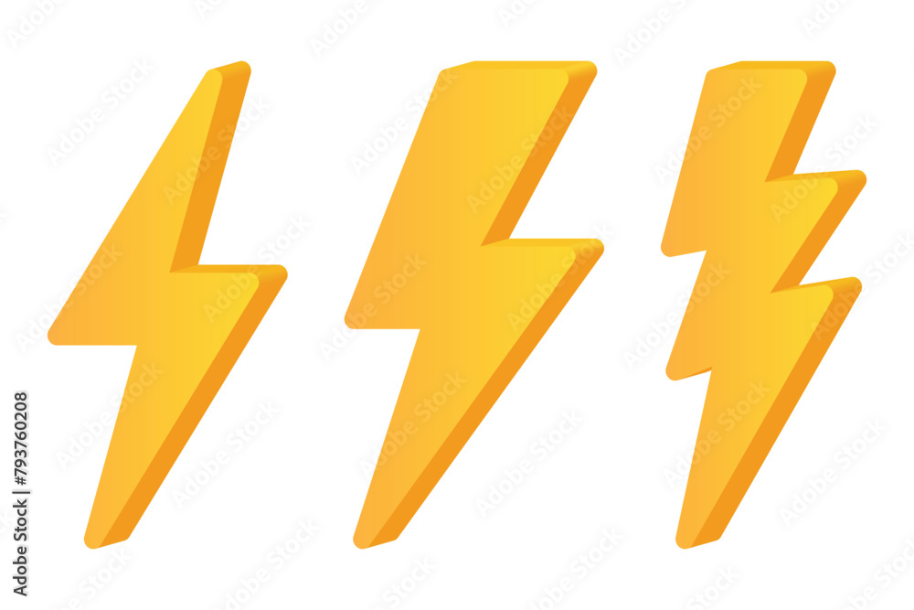 Thunderbolt icon. Set of 3d lightning bolt symbol. Electricity sign ...