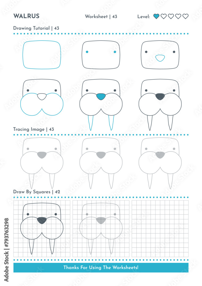 How to Draw Doodle Animal Walrus, Cartoon Character Step by Step ...