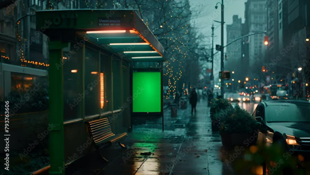 Bus stop in New York city with vertical digital OOH mockup with green ...