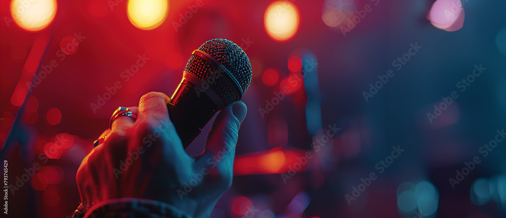 Hand holding microphone on stage with glowing bokeh, live concert ...