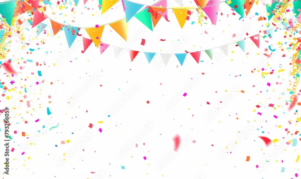 Festive background with colorful flags and confetti on a white ...