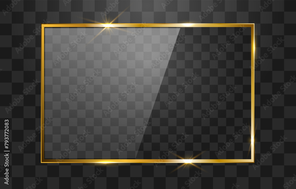 Vector golden frame with glass effect. Vector transparent glass with ...