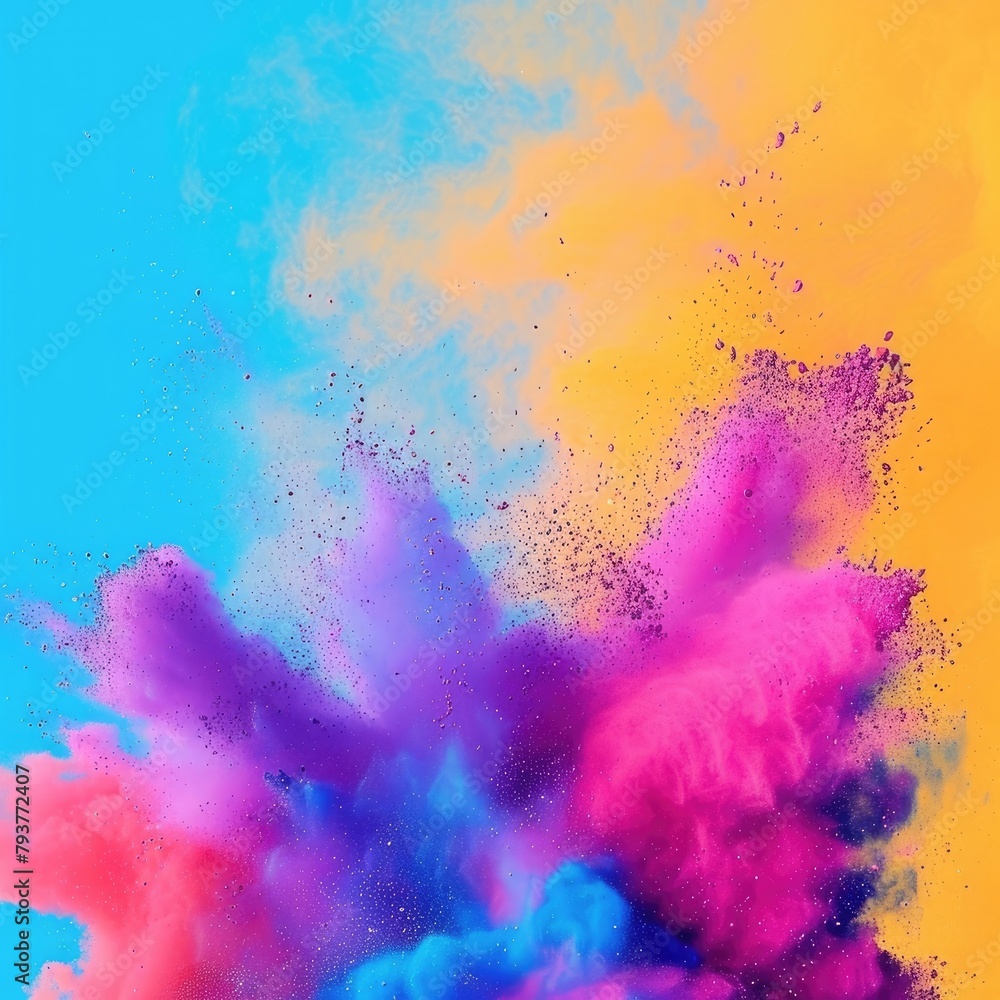 Colors of May, abstract background with powder in blue, yellow, orange ...