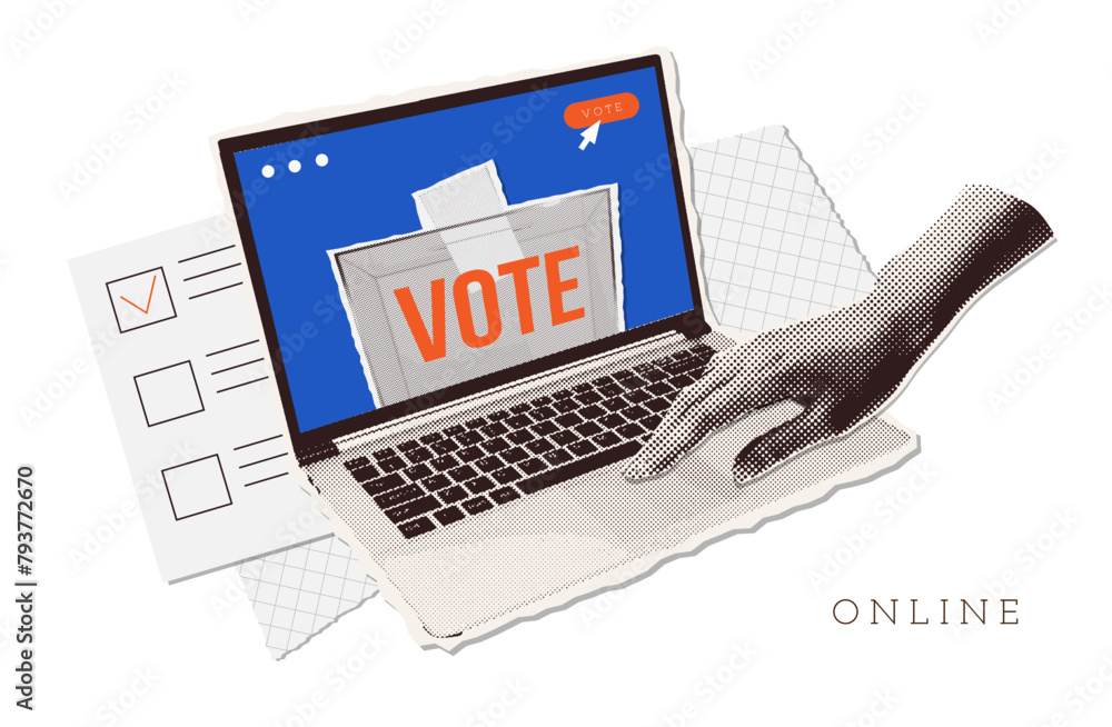 Halftone collage hand voting online with vote button on laptop display ...
