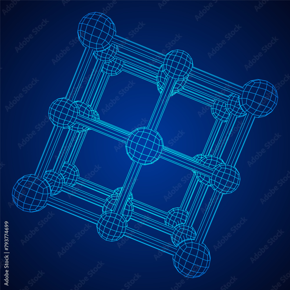Crystal lattice molecule grid. Sodium chloride rock salt. Wireframe low ...