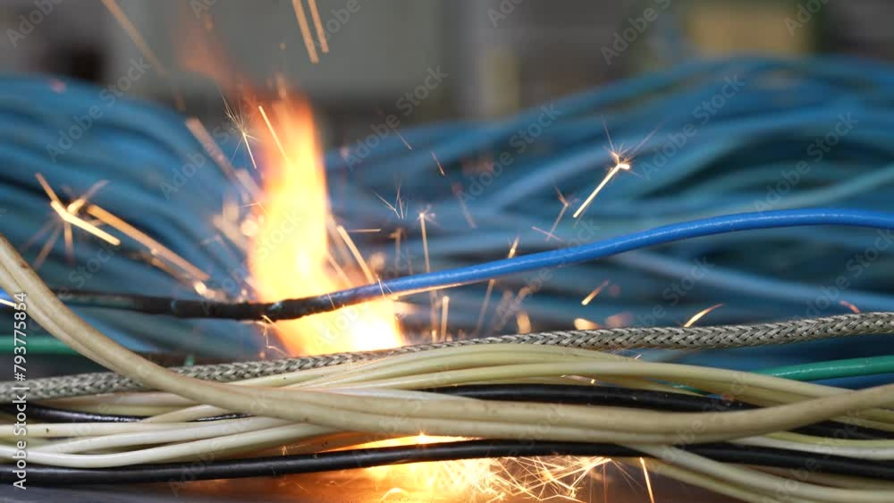 Flames, sparks, smoke between electrical cables, close up. Short ...