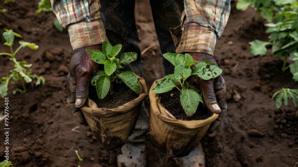 Men carrying seedlings in a bag to plant them in soil for a greener ...