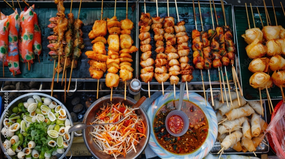 Colorful array of Thai street snacks, including crispy spring rolls ...