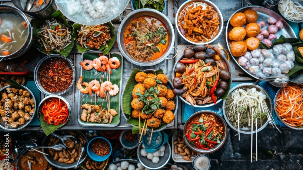 Colorful spread of Thai street food stalls bustling with activity ...