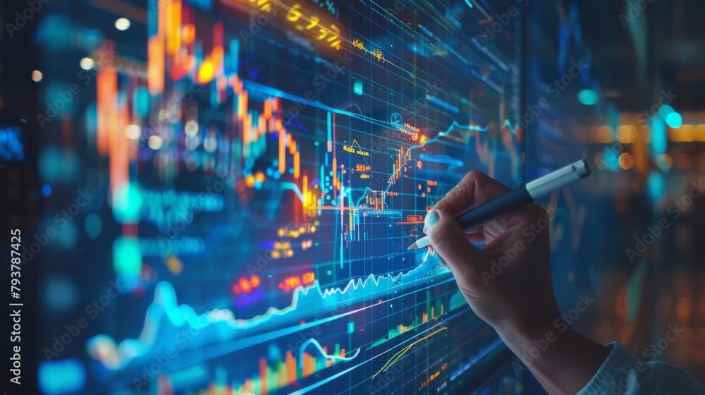 Hand drawing stock market graphs and charts on a transparent glass ...