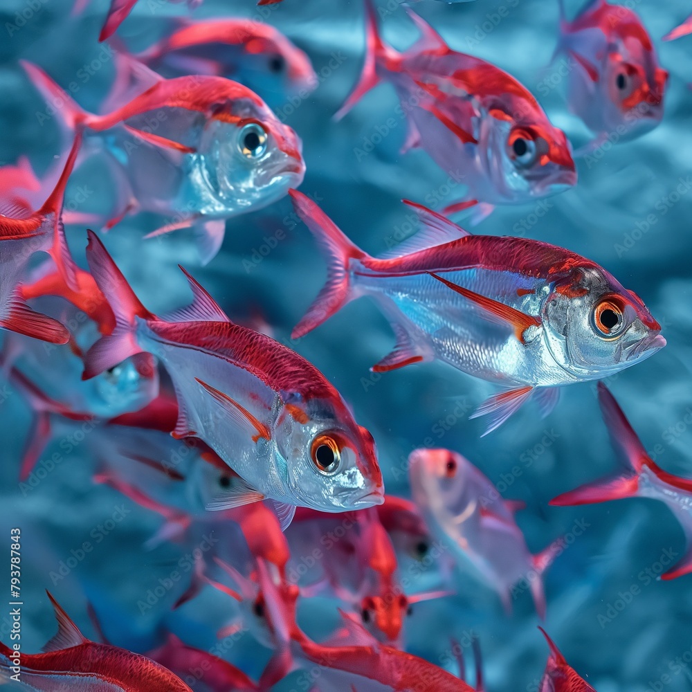ocean fish close-up, school of fish swimming undewater, blue and bright ...
