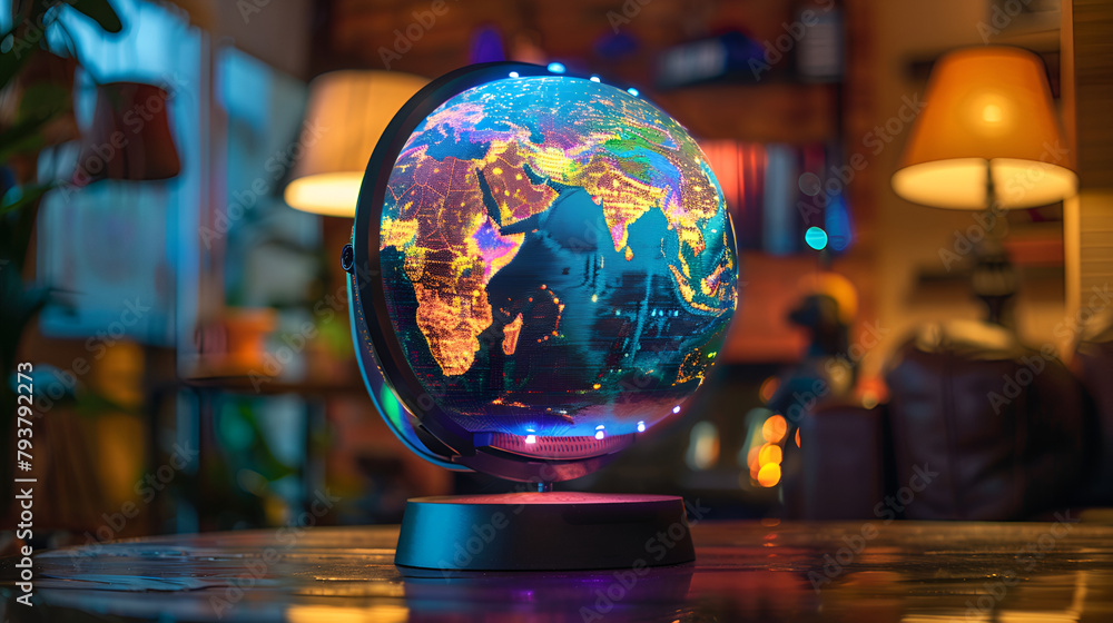 Globe with digital world map on table in living room at night ,Circuit ...