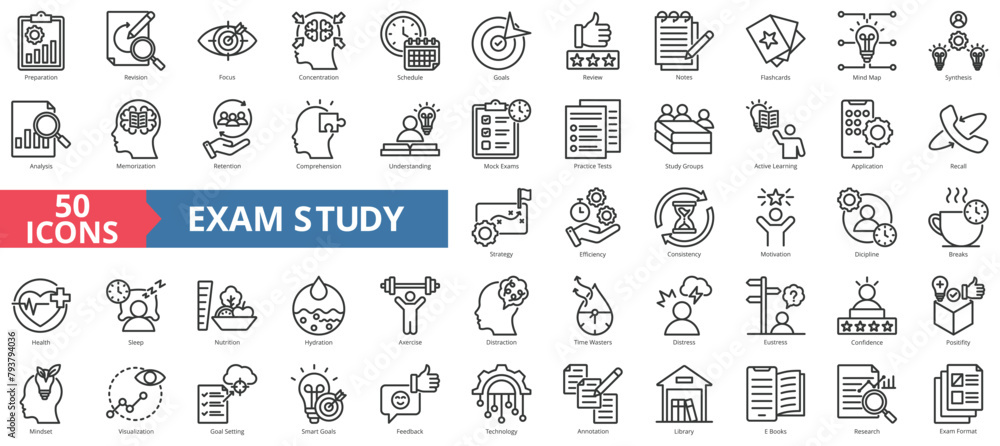 Exam study icon collection set. Containing preparation, revision, focus ...
