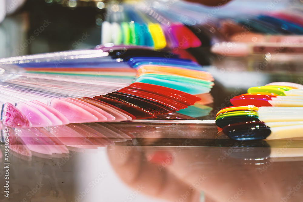 Samples of nail polish of different colors and shades applied to the ...