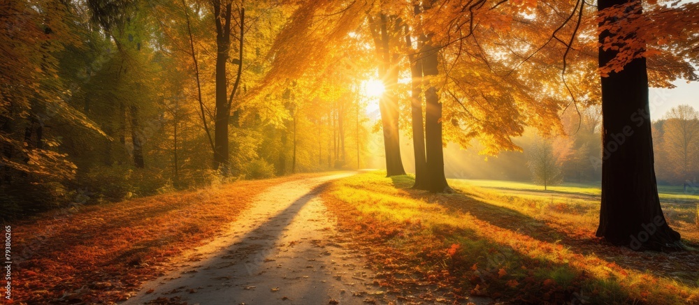 A peaceful forest path with sunlight filtering through the trees Stock ...