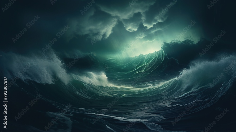 Amazing wave of sea water with dark stormy sky, scary ocean, sea hunted ...