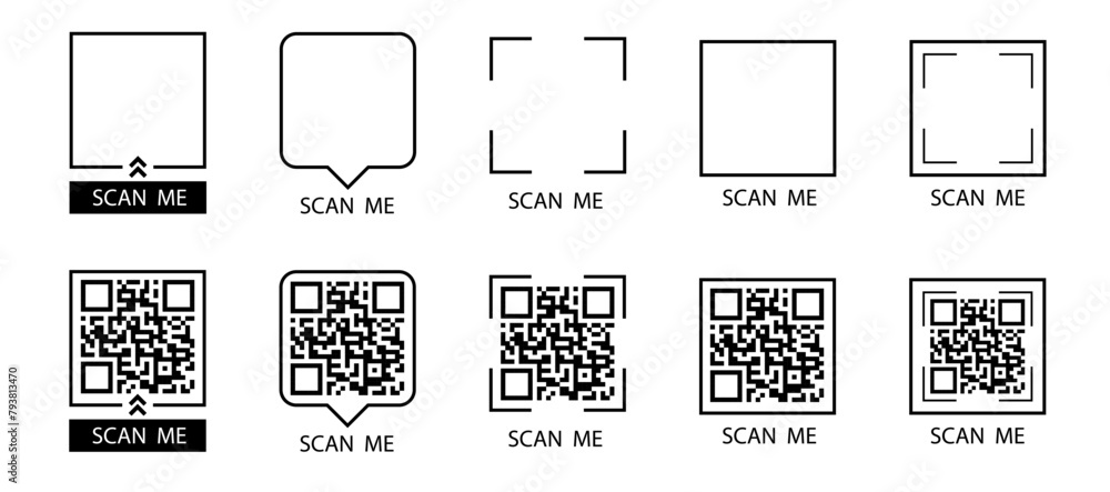 QR code set. Scan Me. Scan qr code icon. Template of frames for QR code ... QR code set. Scan Me. Scan qr code icon. Template of frames for QR code ...