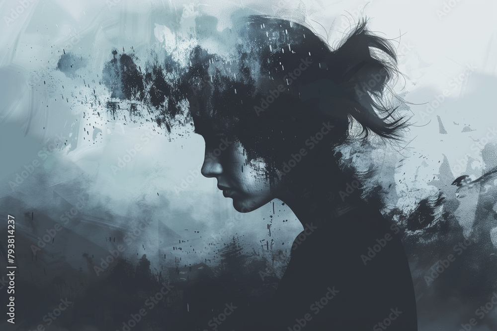 Female Head: Concept of Mental Health, Depression, Stress, Sadness, and ...