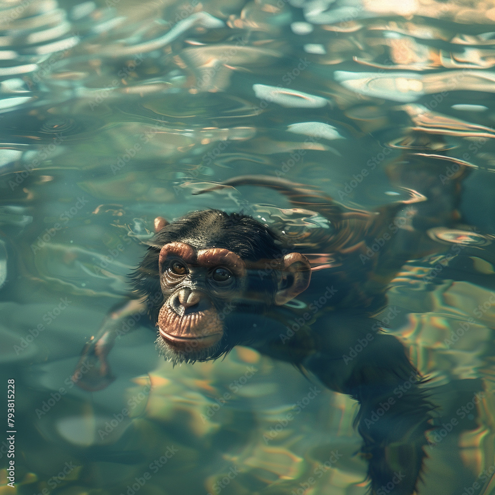 A monkey swimming in a crystalclear lake, where the water gives visions ...
