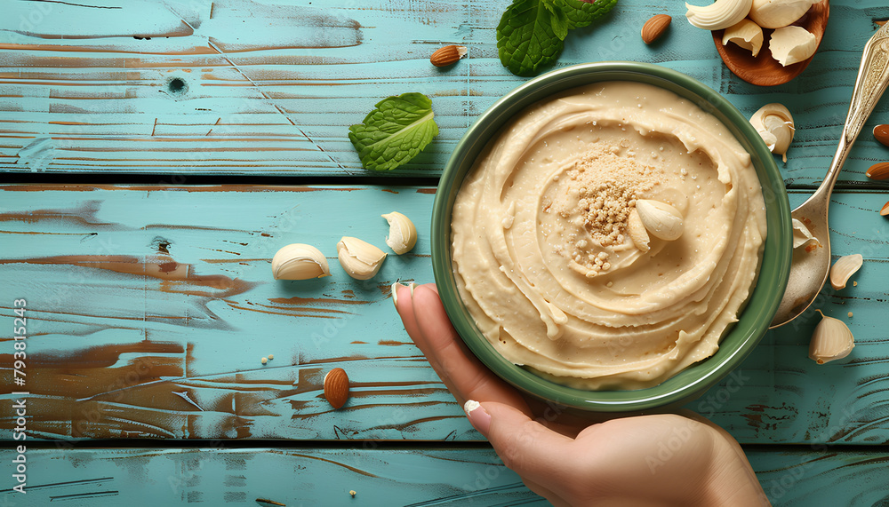 Female hand with bowl and spoon of tasty tahini on color wooden table ...