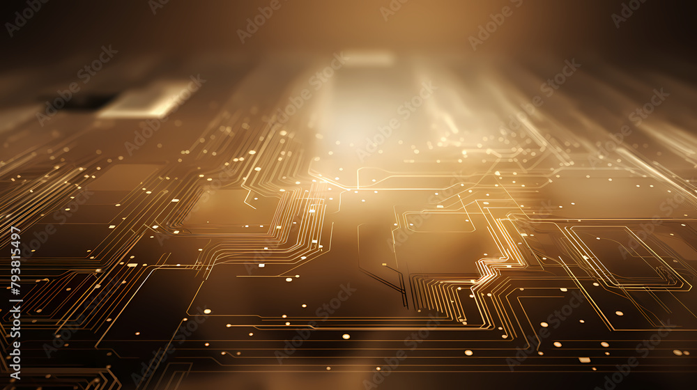 Featuring a series of interconnected golden brown circuit patterns ...