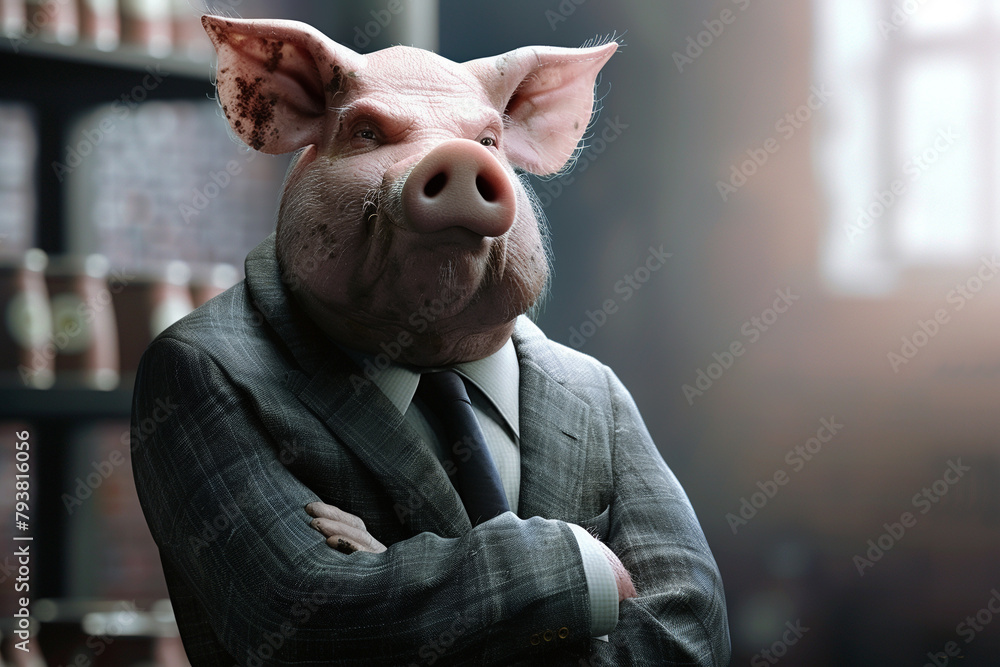 A pig in a business suit, conducting deals in a market where goods ...