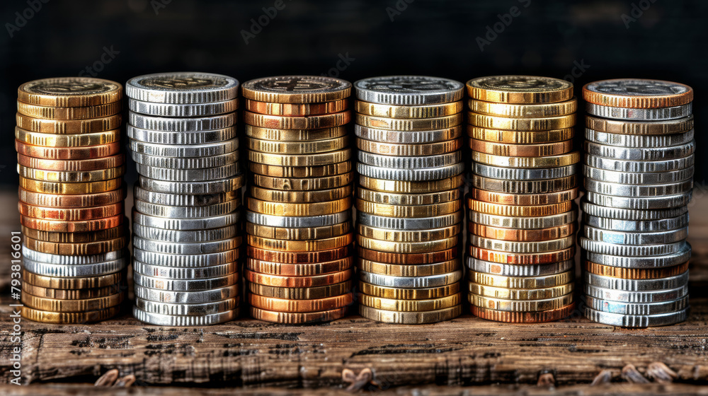 A stack of coins with different colors and sizes. The coins are piled ...