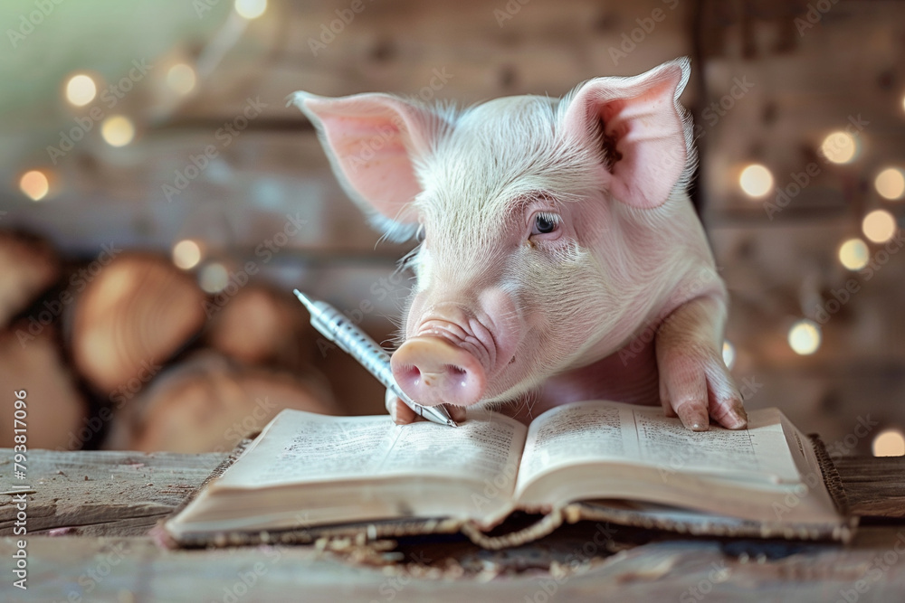 A pig writing a book with a magical pen that makes the written words ...