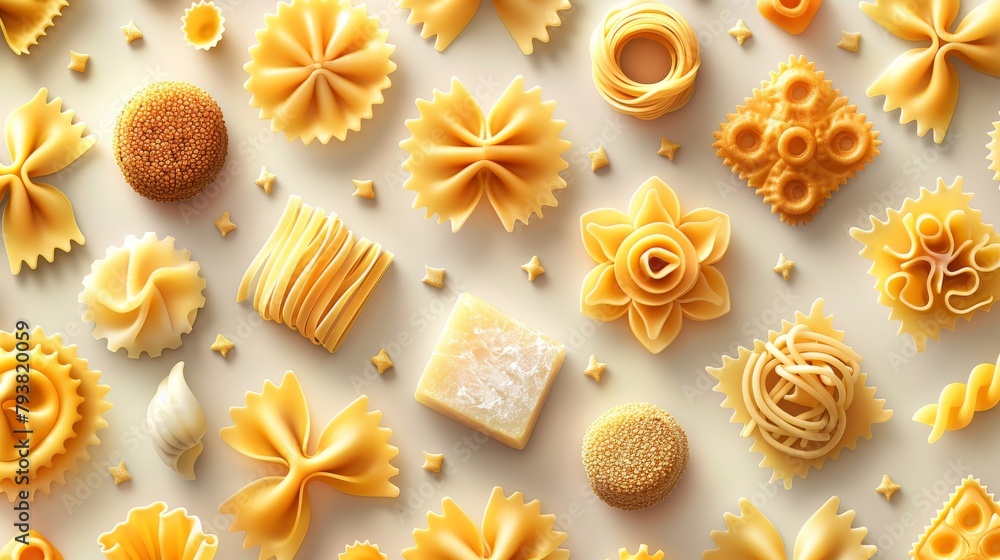 The pattern consists of a variety of raw pasta types on a light ...