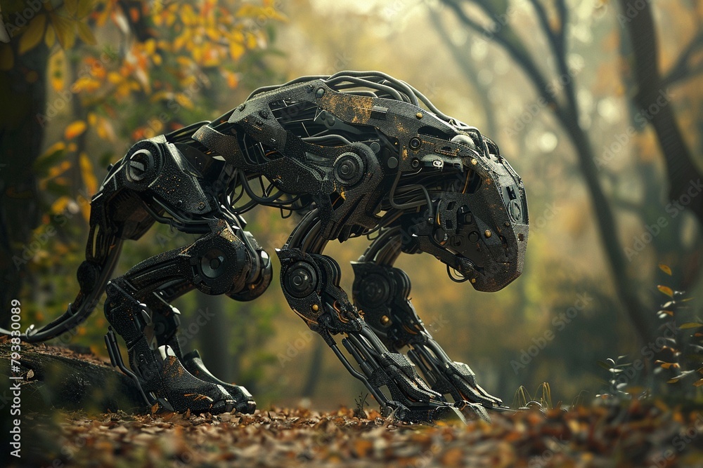 Create an image of a robotic creature mimicking the movements of a wild ...