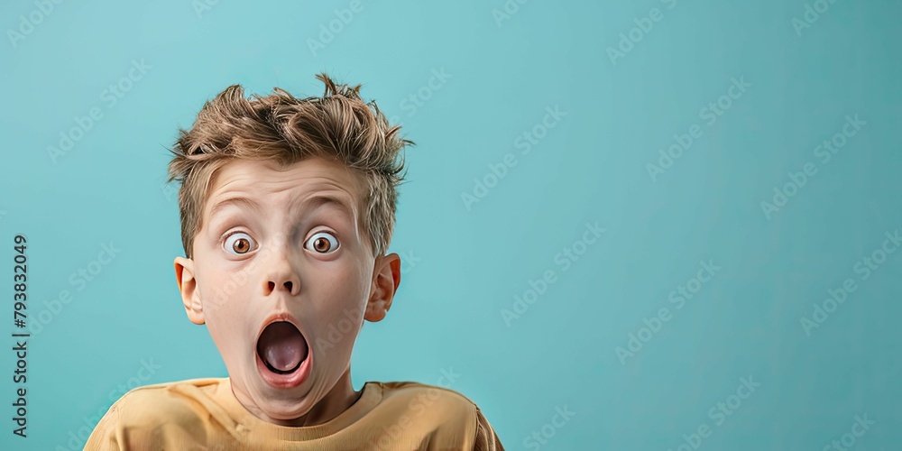 shocked child, isolated on a left side of pastel blue background with ...