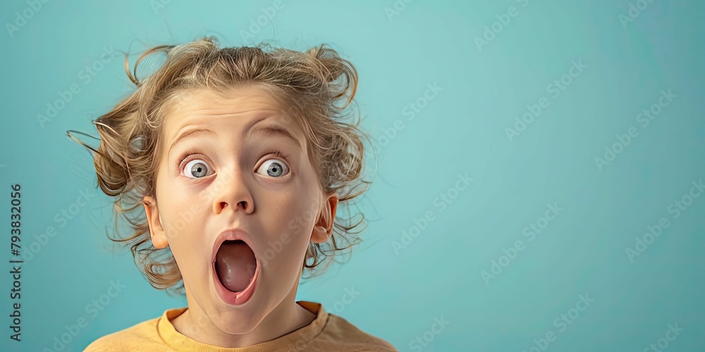 shocked child, isolated on a left side of pastel blue background with ...
