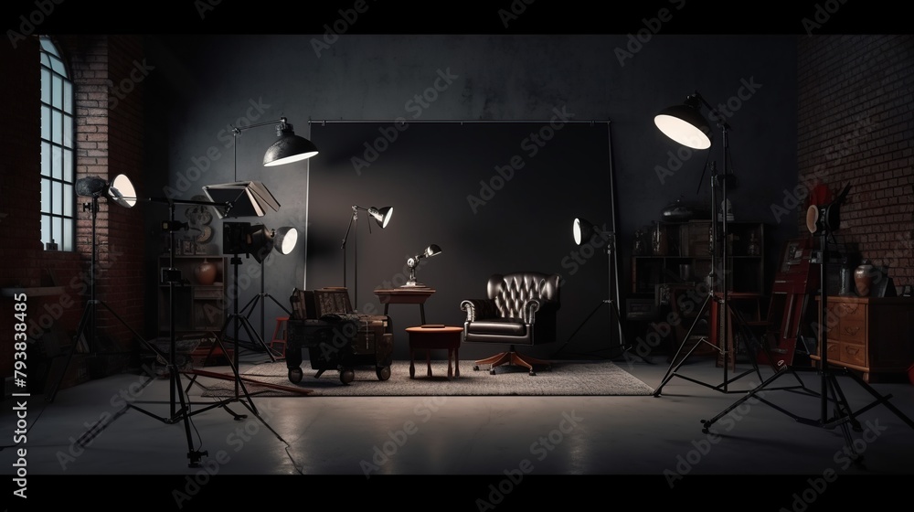 New modern studio dark room design with camera and lighting in ...