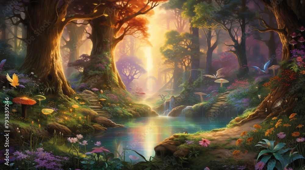 Capture the essence of a surreal fairy-tale forest in a traditional oil ...