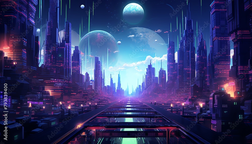 Delve into the depths of a futuristic metropolis with a digital pixel ...